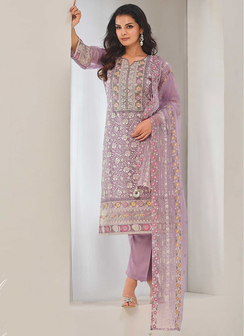 Shop Lilac Faux Georgette Embroidered Classic Pakistani Style Straight ...