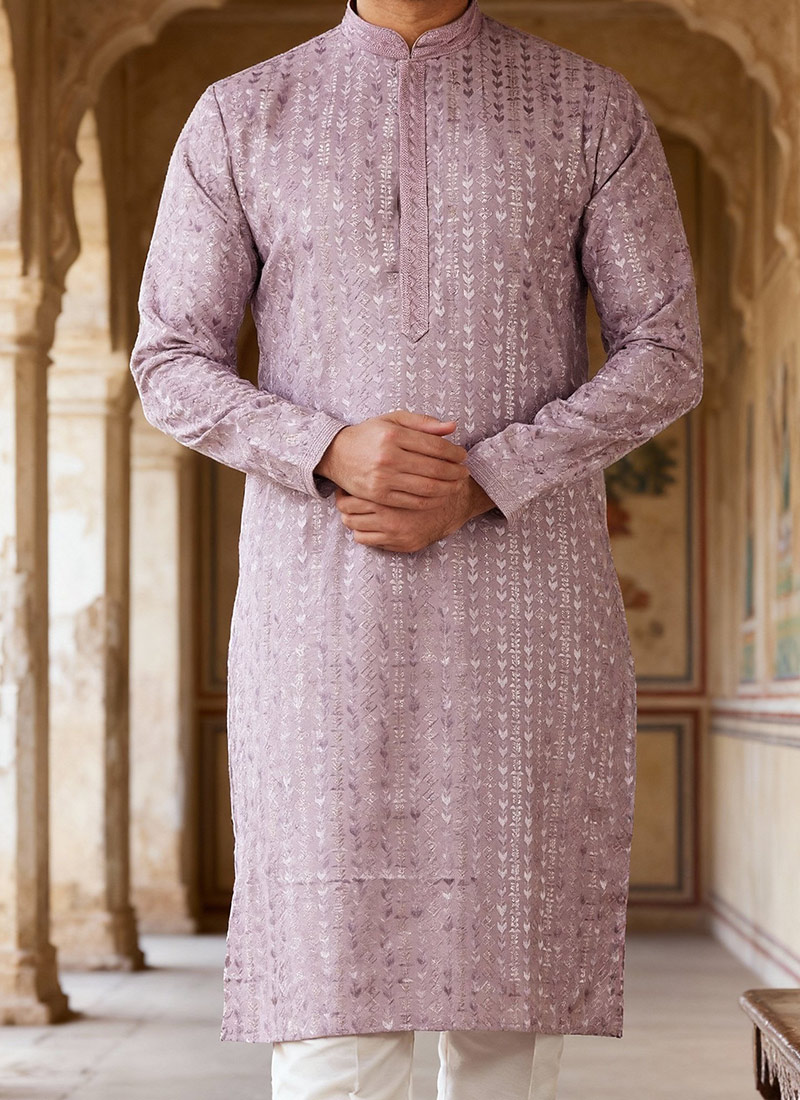 Shop Lilac Silk Embroidered Sequins Kurta Pyjama For Men Festive Wear ...