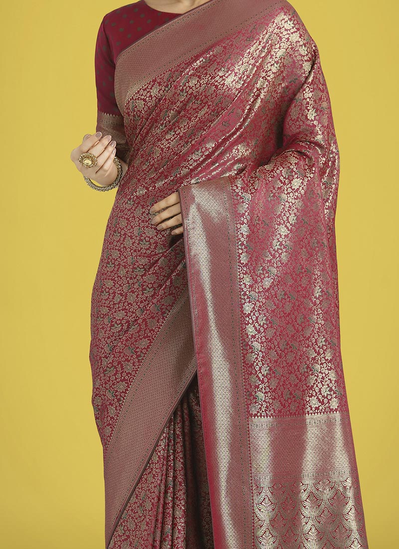Shop Maroon Banarasi Silk Zari Woven Saree Festive Wear in India - Cbazaar