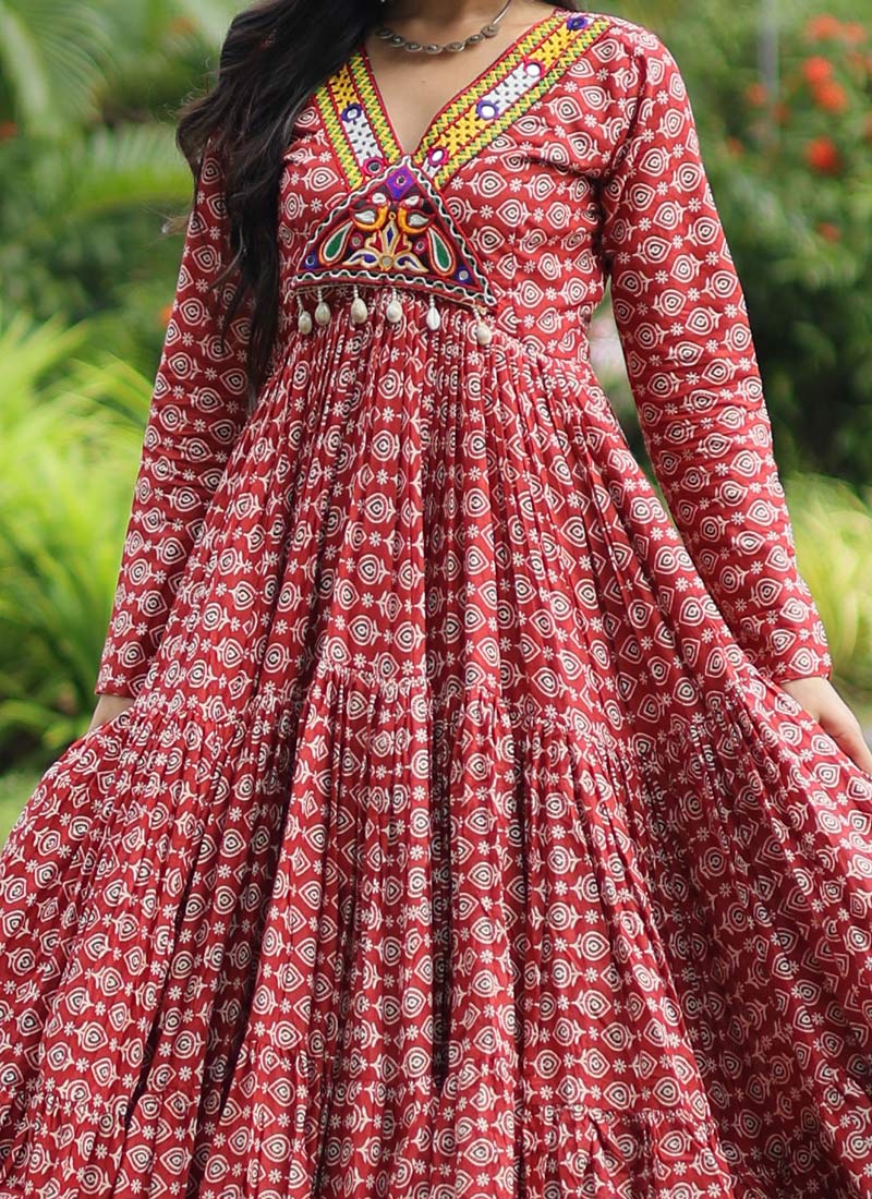 Shop Maroon Cotton Printed Kutch Work Traditional Anarkali Gown Festive ...