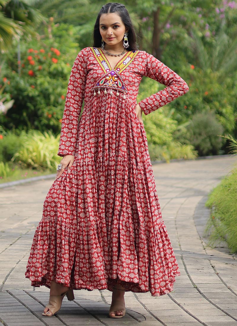 Shop Maroon Cotton Printed Kutch Work Traditional Anarkali Gown Festive ...