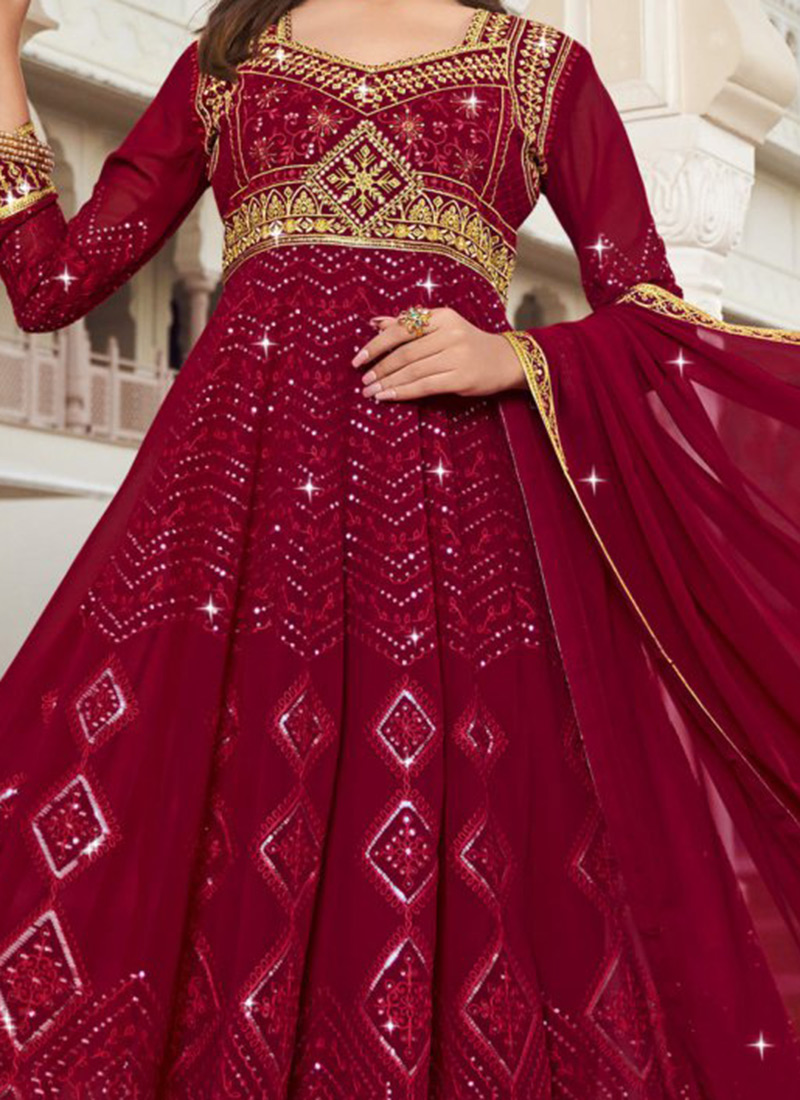 Shop Maroon Faux Georgette Embroidered and Sequins Anarkali Suit Party ...