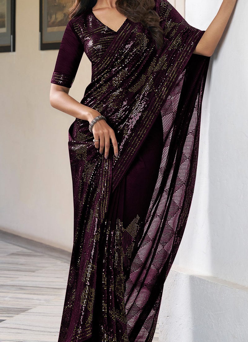 Buy Maroon Faux Georgette Sequins Saree Party Wear Online at Best Price ...