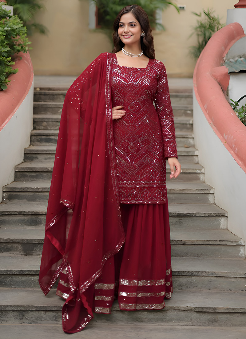 Shop Maroon Faux Georgette Sequins Sharara Suit Festive Wear in India ...