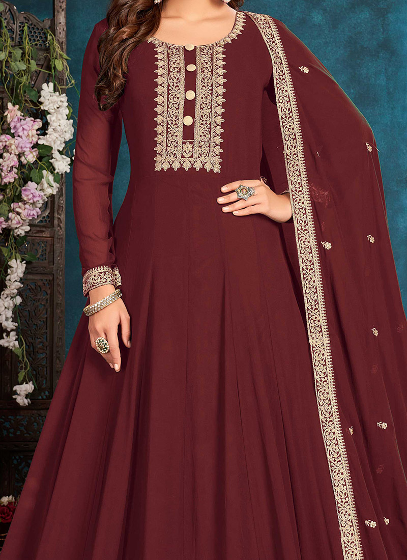 Shop Maroon Georgette Golden Thread Embroidered Anarkali Suit Party ...