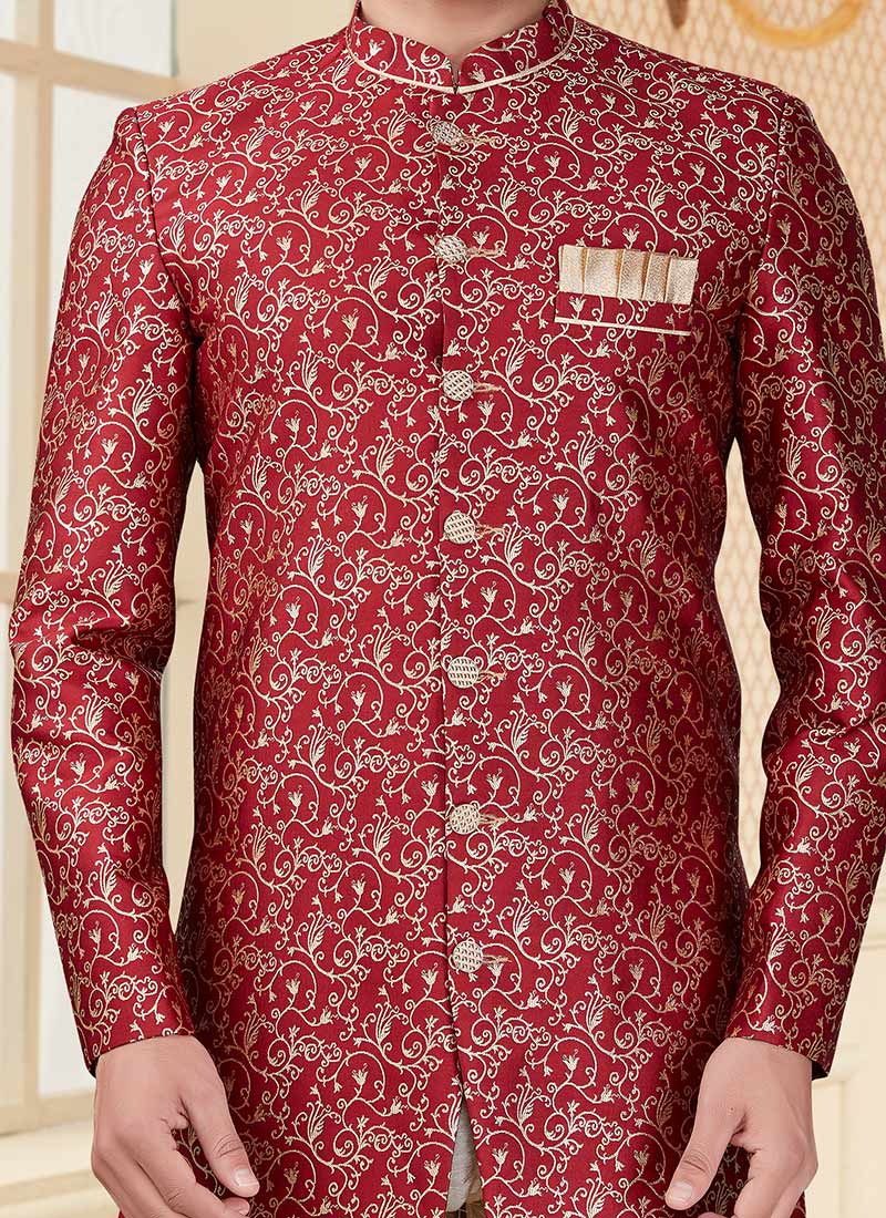 Buy Maroon Heavy Jacquard Embroidery Classic Sherwani Wedding Wear ...