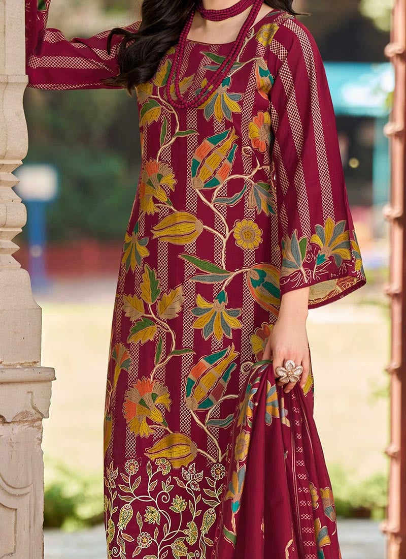 Shop Maroon Muslin Thread Embroidered And Floral Print Straight Pant ...