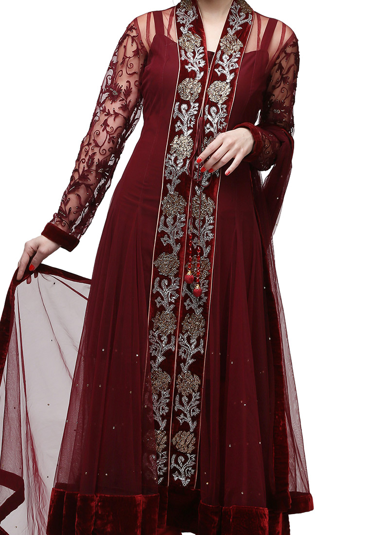 Shop Maroon Net Stone Work Velvet Border Anarkali Suit Party Wear ...