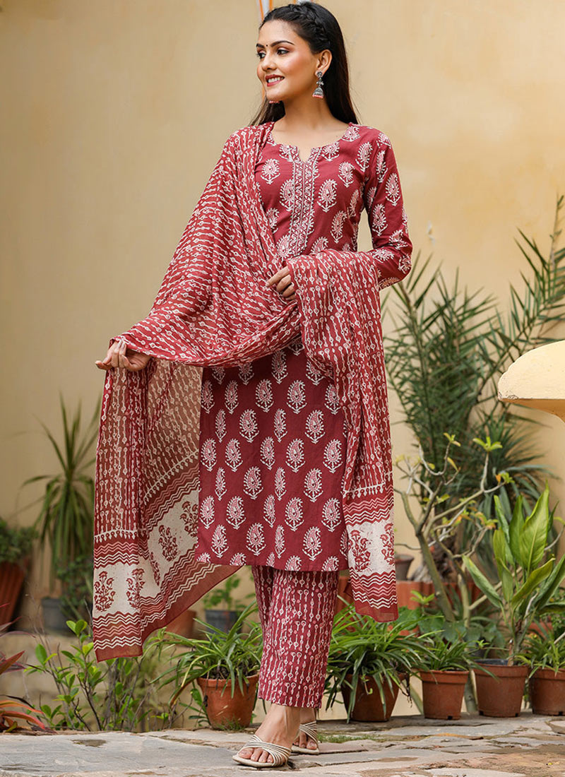 Buy Maroon Rayon Printed Straight Pant Suit With Kurta And Dupatta ...