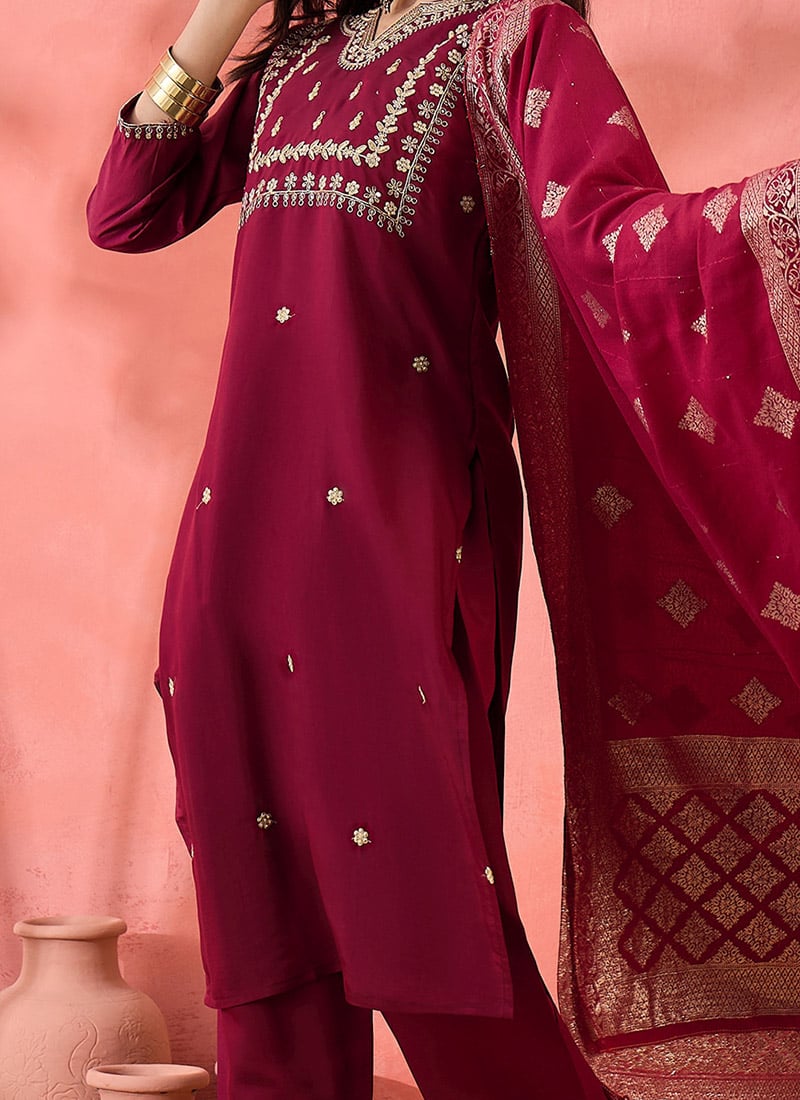 Buy Maroon Roman Silk Embroidered Straight Pant Suit With Jacquard ...