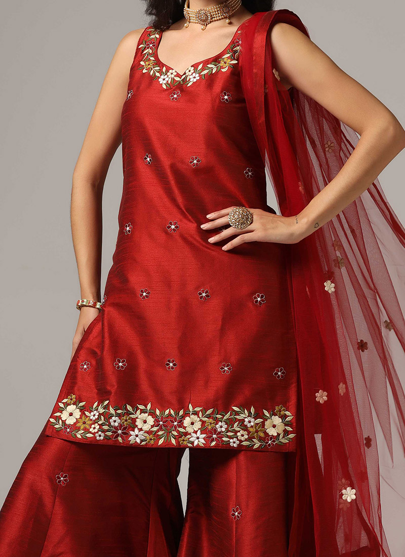 Shop Maroon Silk Embroidered Sharara Suit Party Wear Online at Best ...
