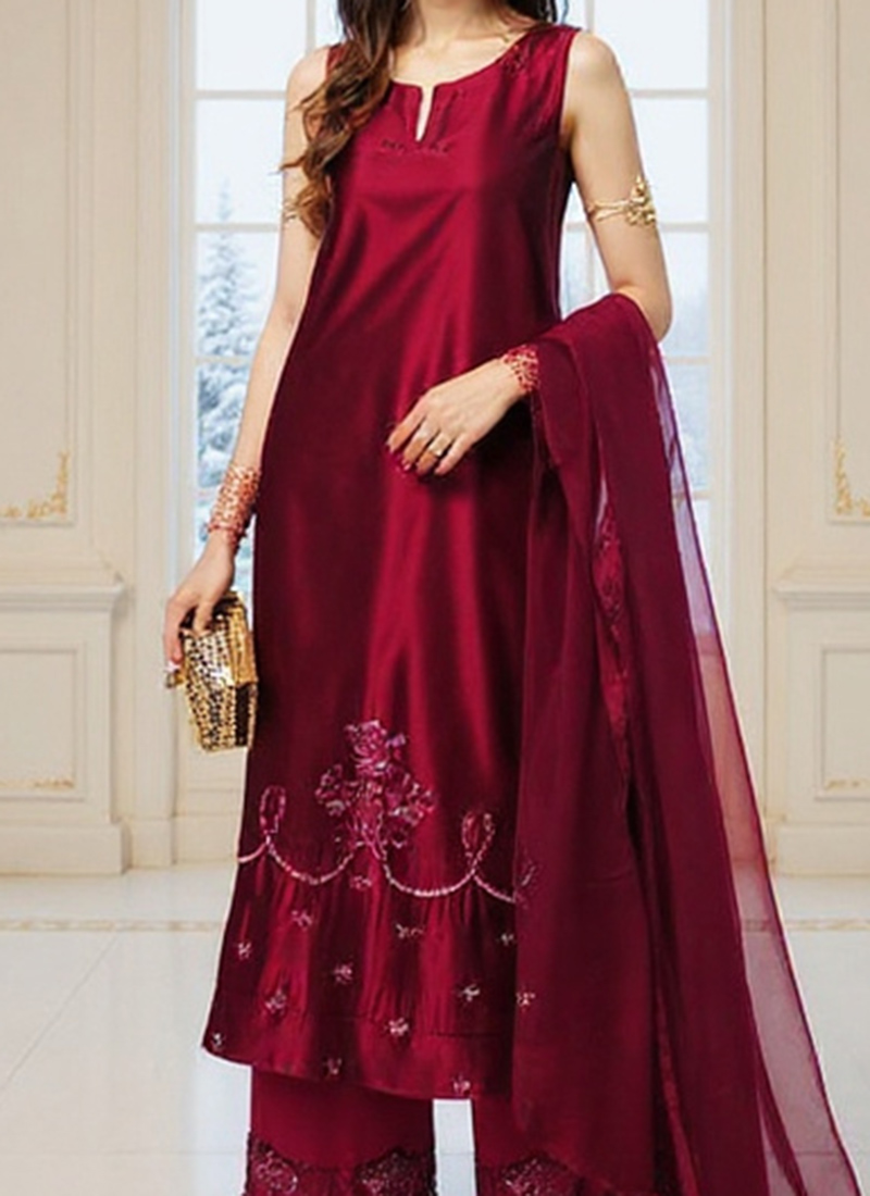 Shop Maroon Silk Moti Resham Hand Embroidered Palazzo Suit Festive Wear ...