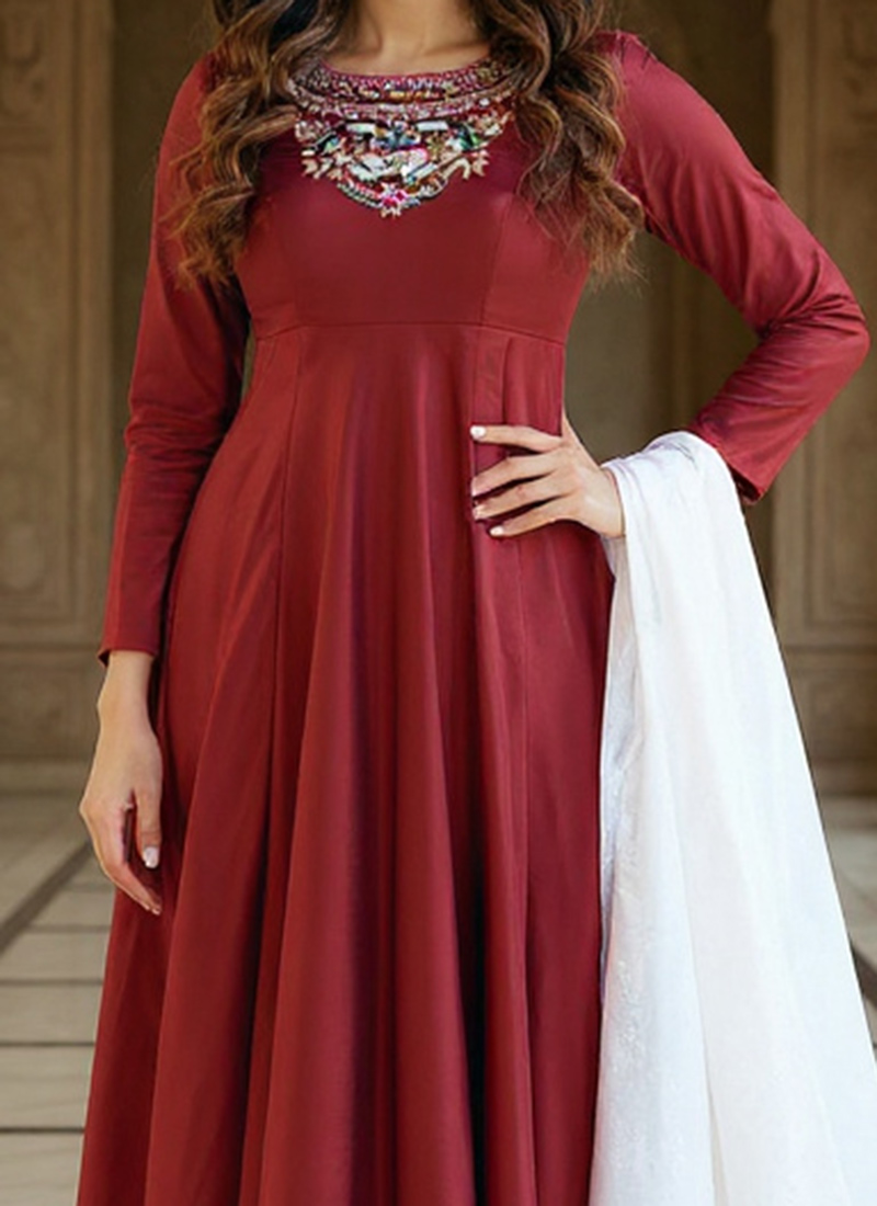 Shop Maroon Silk Sequins Thread Embroidered Anarkali Suit Festive Wear ...