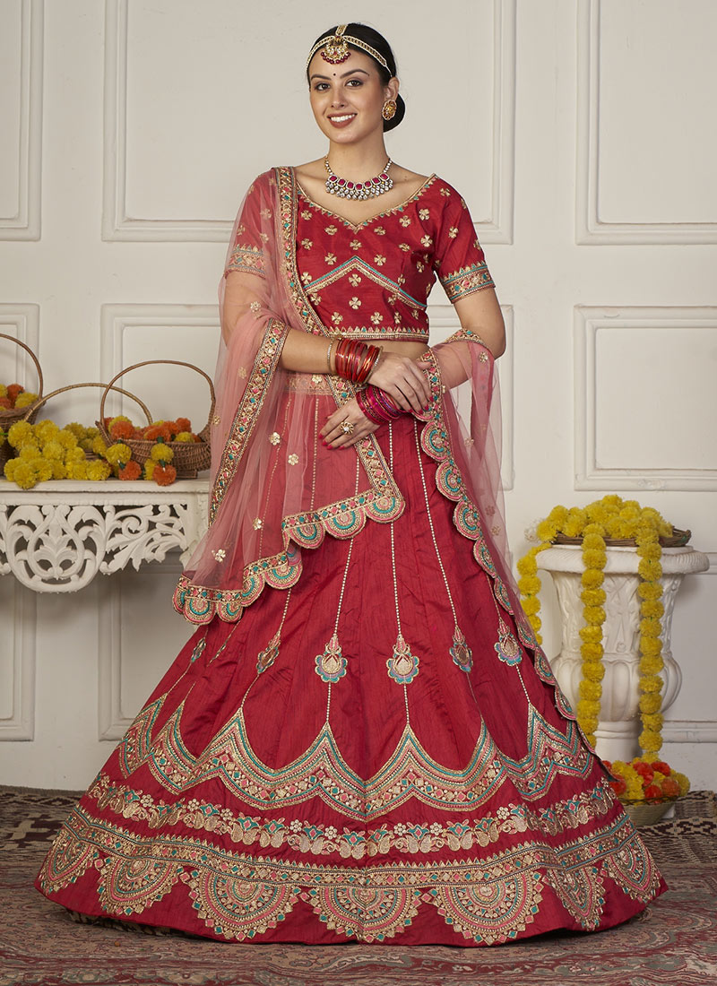 Shop Maroon Taffeta Embroidered A Line Lehenga Party Wear in CA - Cbazaar