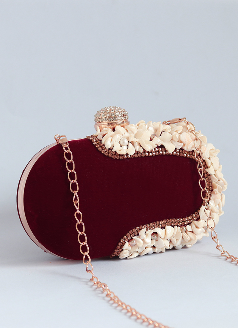 Buy Maroon Velvet Clutch Embossed With Stones Party Wear Online at Best ...