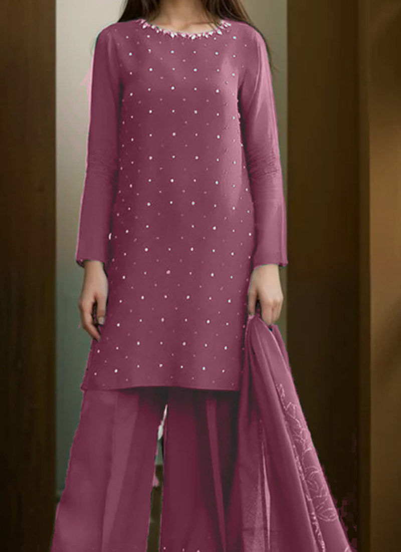 Buy Mauve Silk Hand Embroidered Stone And Mirror Work Palazzo Suit ...