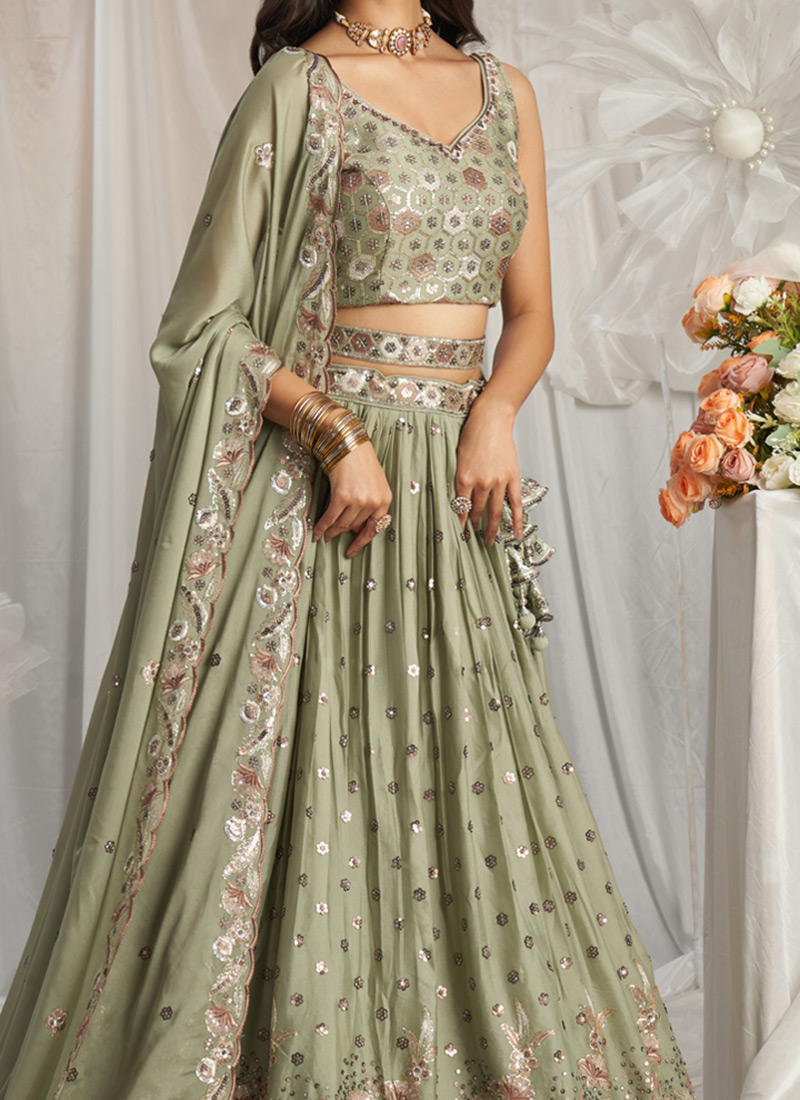 Buy Mehendi Green Faux Georgette Cord Work Emboidered Sequins Lehenga ...
