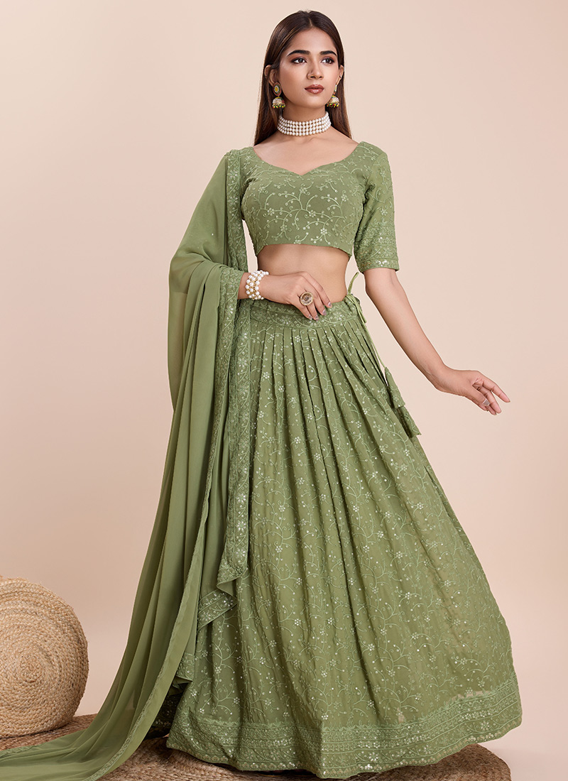 Shop Mehendi Green Georgette Embroidered Sequins Lehenga With Choli And ...