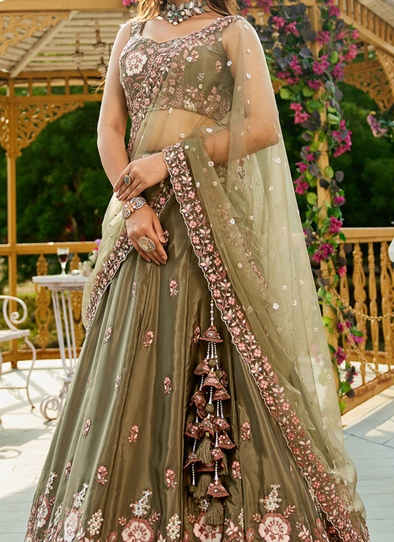 Shop Mehendi Green Satin Embroidered Sequins Lehenga Wedding Wear ...