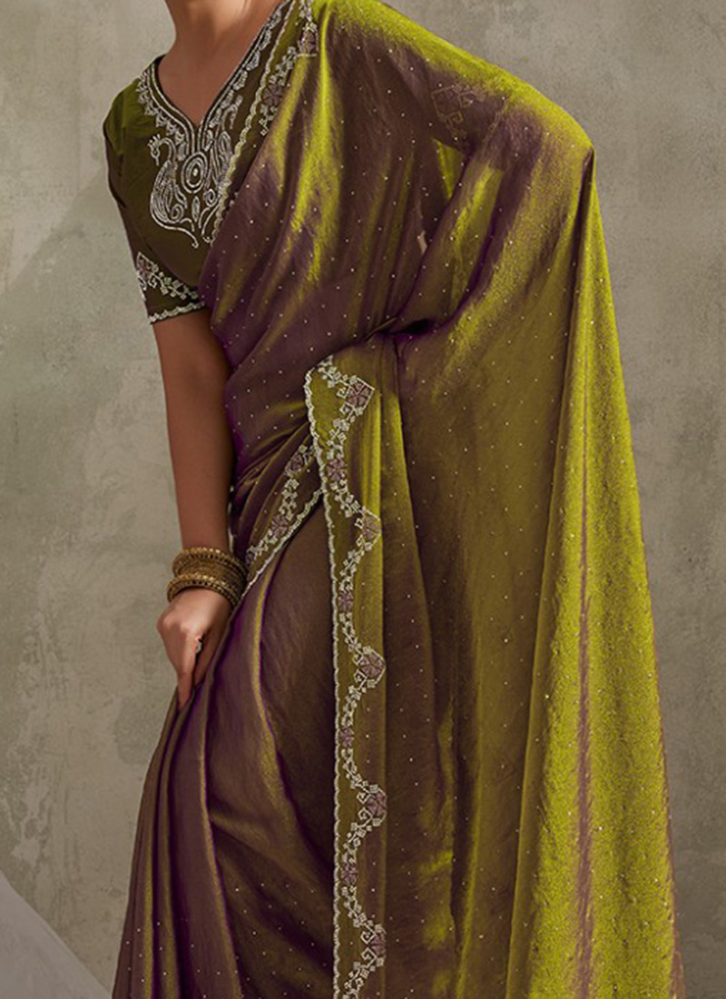Shop Mehendi Green Satin Silk Stone Saree Festive Wear in India - Cbazaar