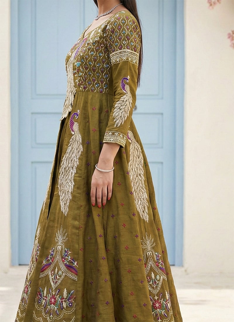 Shop Mehendi Green Vichitra Silk Embroidered Sequins Long Choli Lehenga ...