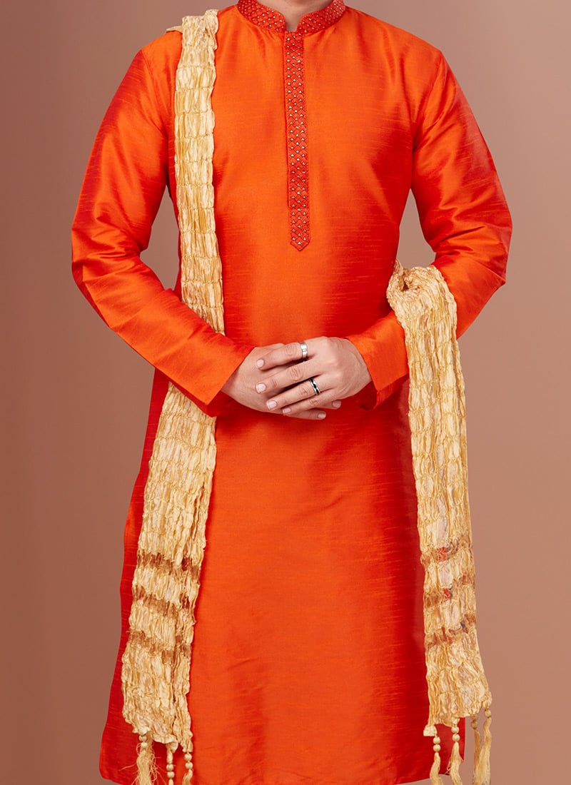 Buy Men Banarasi Dupion Silk Orange Solid Stitch Kurta Pyjama Party ...
