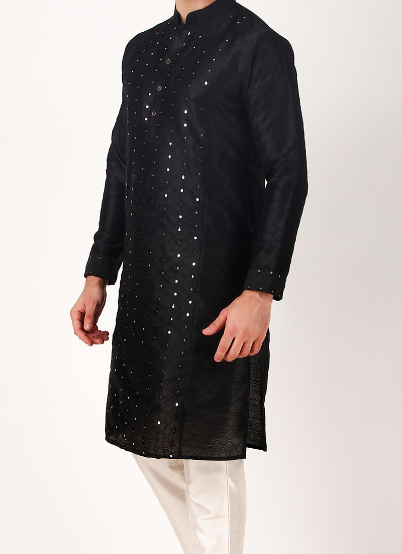 Buy Mens Black Silk Embroidered Mirror Embossed Kurta Pyjama Party Wear Online at Best Price ...