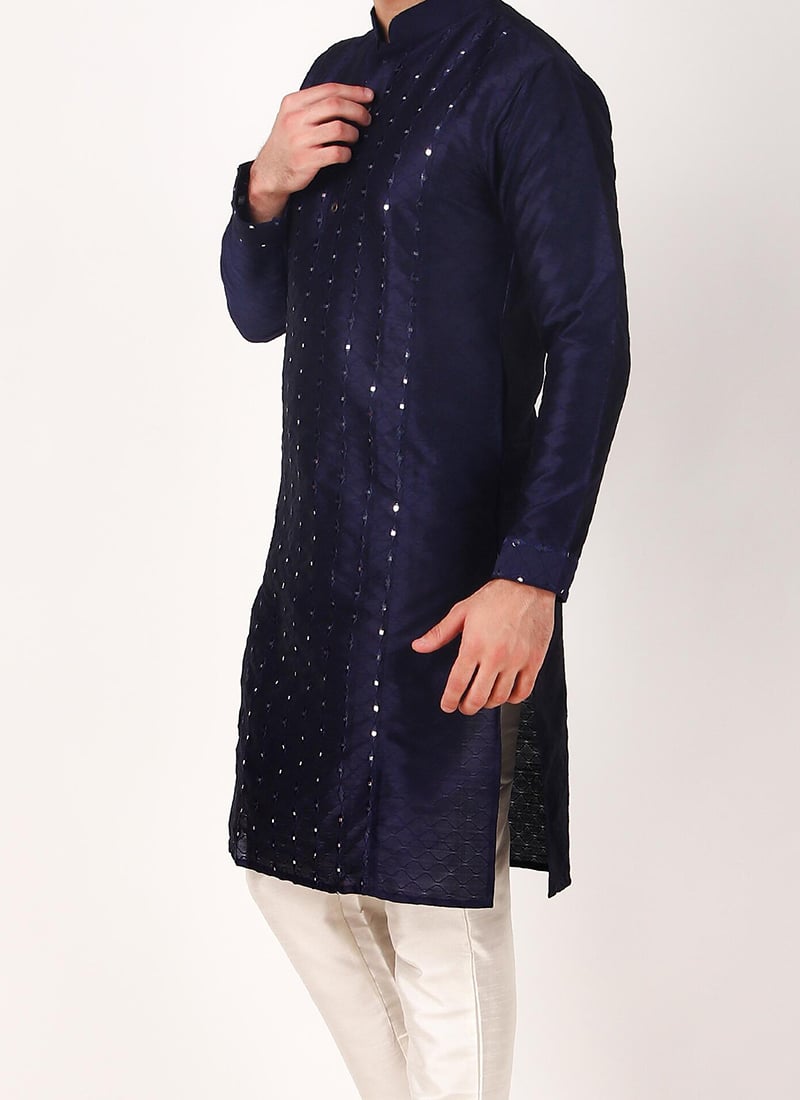 Buy Mens Navy Blue Silk Embroidered Mirror Embossed Kurta Pyjama Party Wear Online at Best Price ...