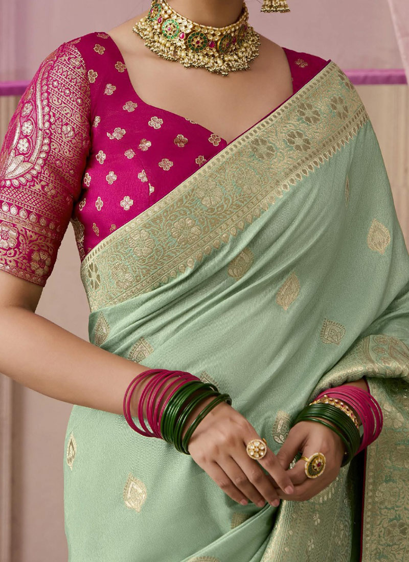 Buy Mint Green Dola Silk Jacquard Woven Saree Festive Wear Online at Best Price | Cbazaar