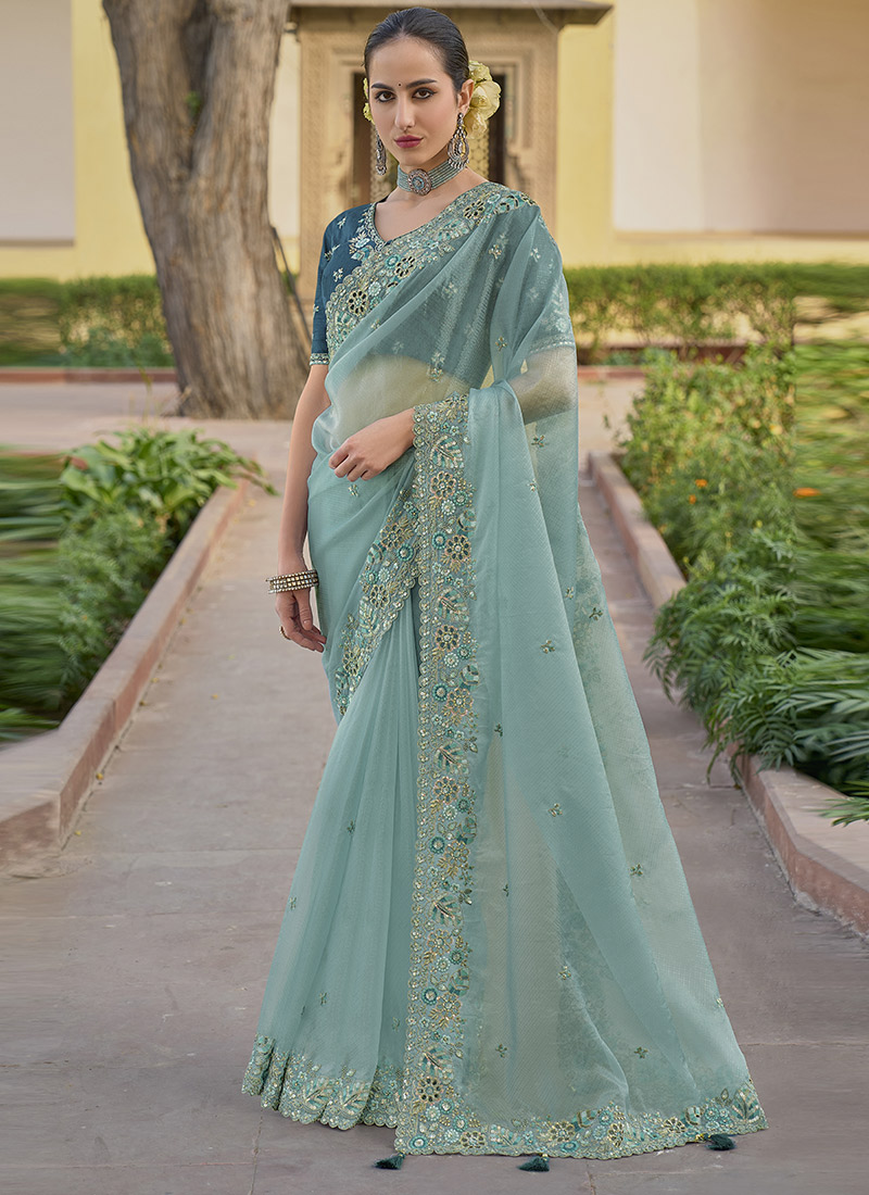 Buy Mint Green Organza Embroidered Sequins Cut Work Border Saree Party ...