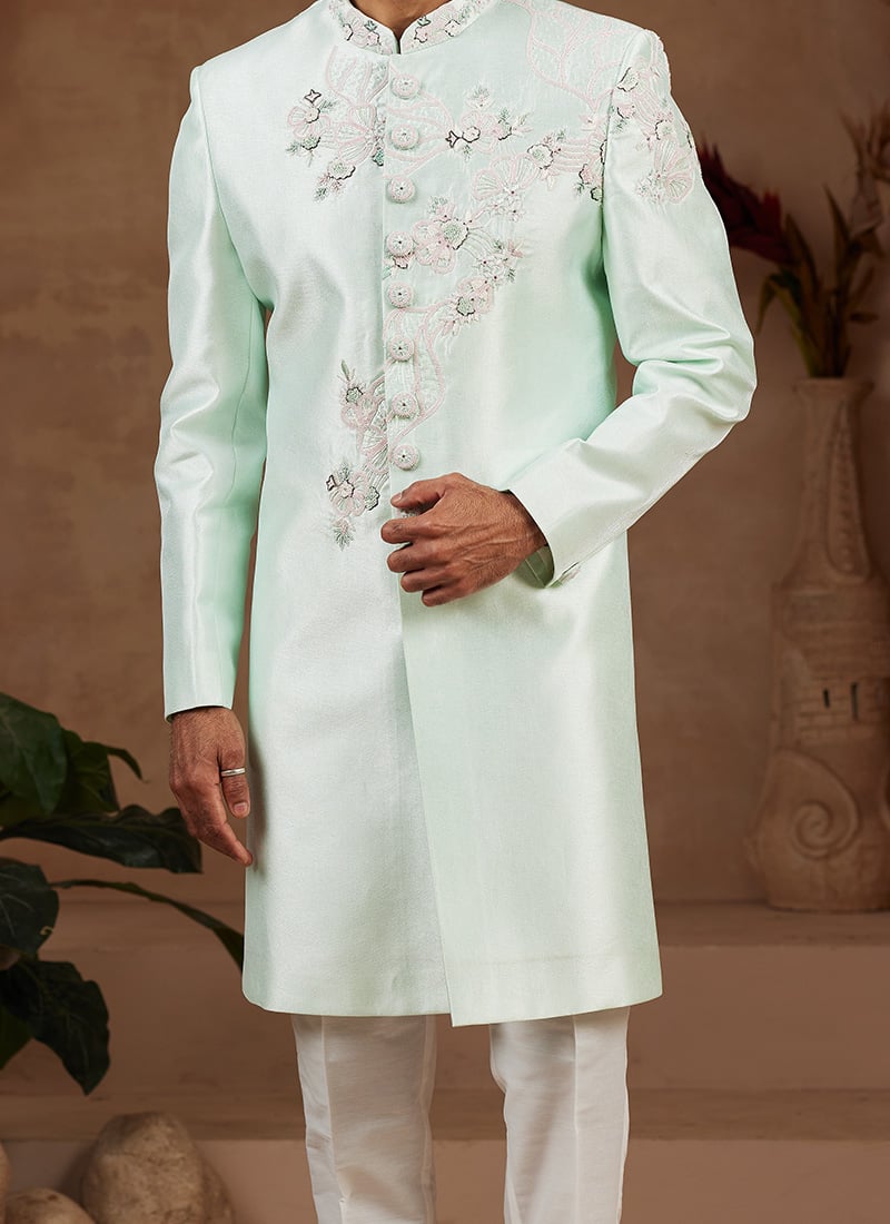 Shop Mint Green Silk Beads And Cutdana Hand Work Indowestern Sherwani ...