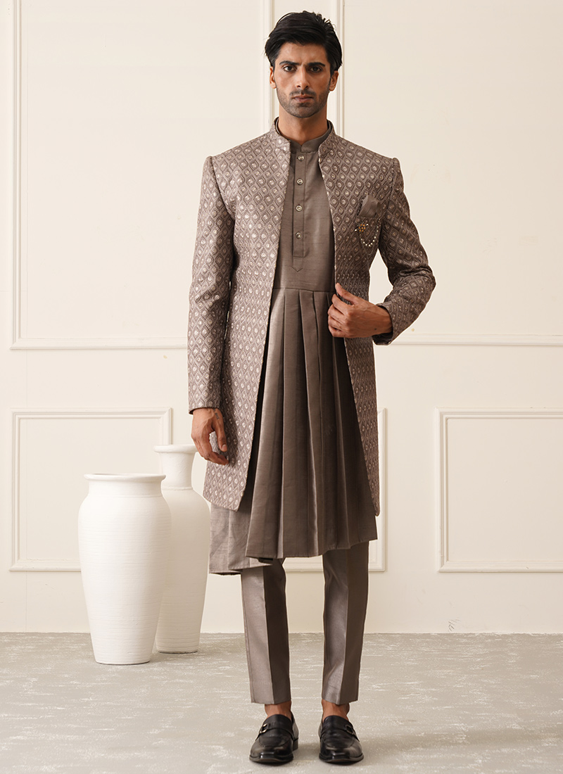 Shop Modern Royalty Grey Silk Sherwani With Sequins Embroidered Wedding ...