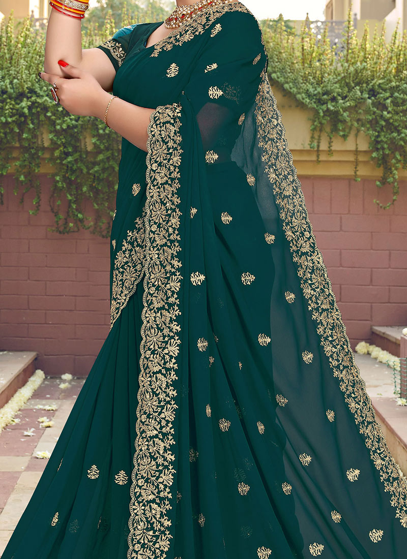 Shop Morpeach Blue Color Zari Embroidery With Stone Work Georgette ...