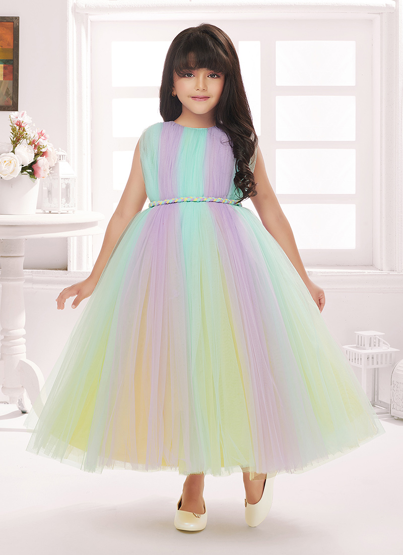 Shop Kids Girls Multicolor Net Kids Girls Gown With Jacket For The Little Princess Wedding Wear ...