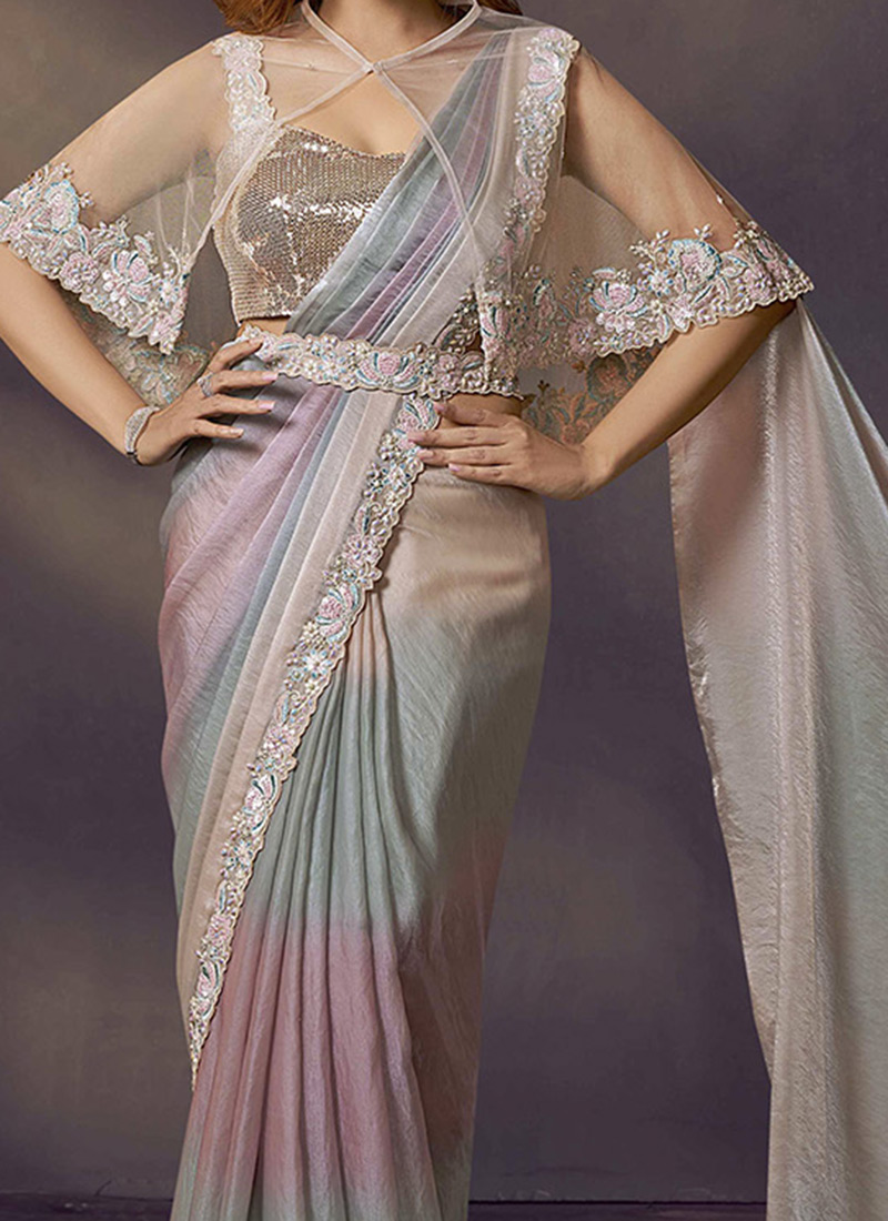 Shop Multicolored Satin Silk Hand Embroidered Pre Draped Cape Saree ...