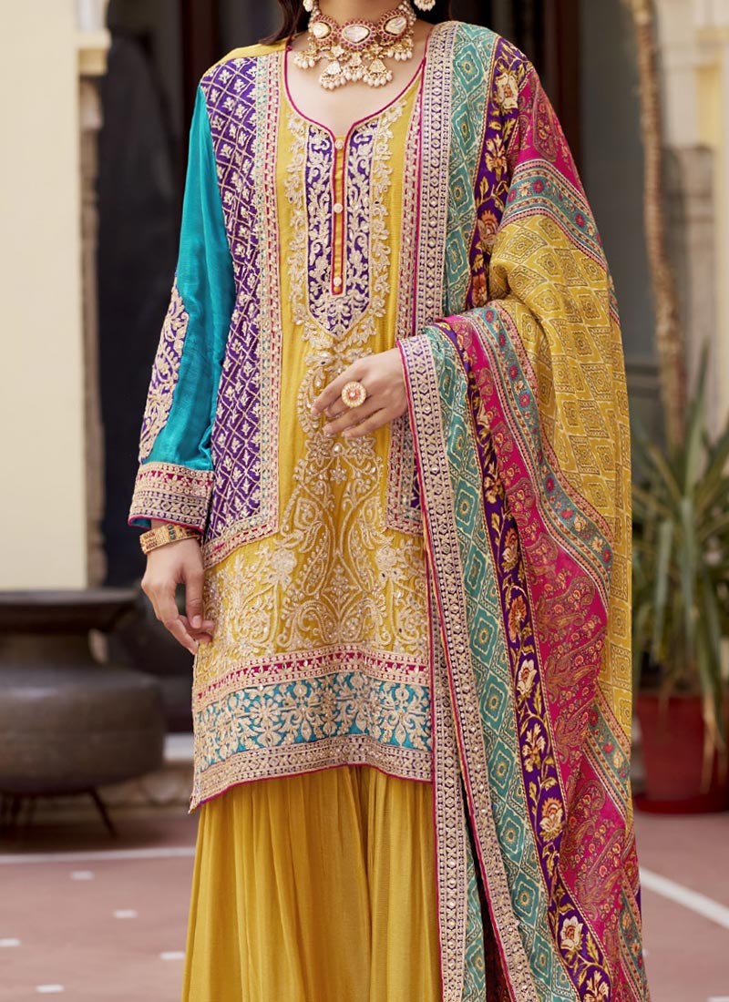 Shop Mustard Chinon Zari Embroidered Sequins Pakistani Sharara Suit ...
