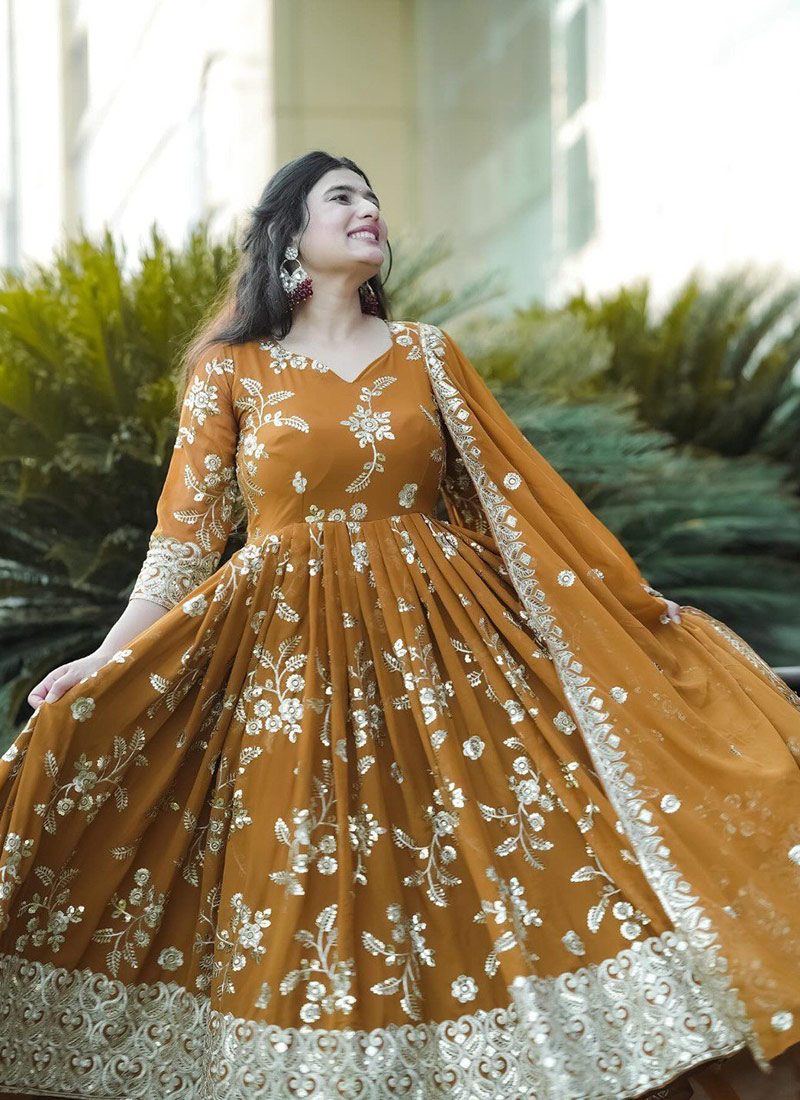 Buy Mustard Faux Georgette Gota Embroidered Sequins Anarkali Suit ...