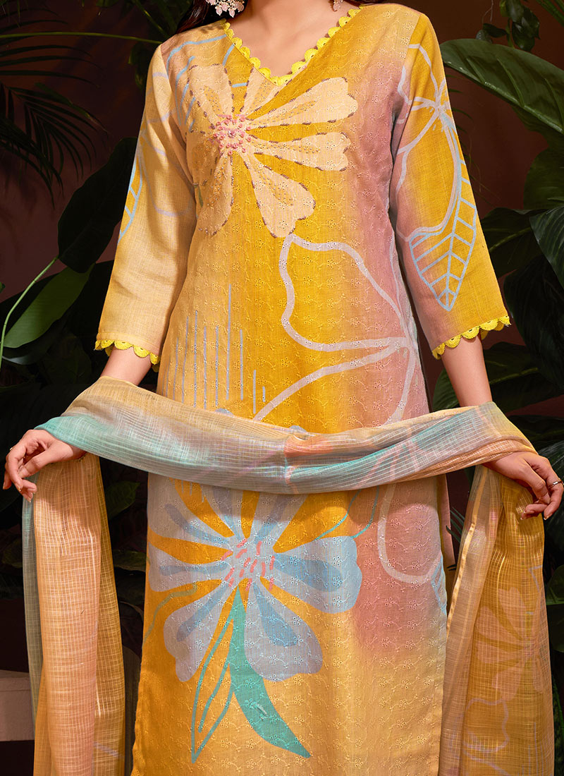 Shop Mustard Floral Digital Print Hand Work Schiffli Kurta Straight ...