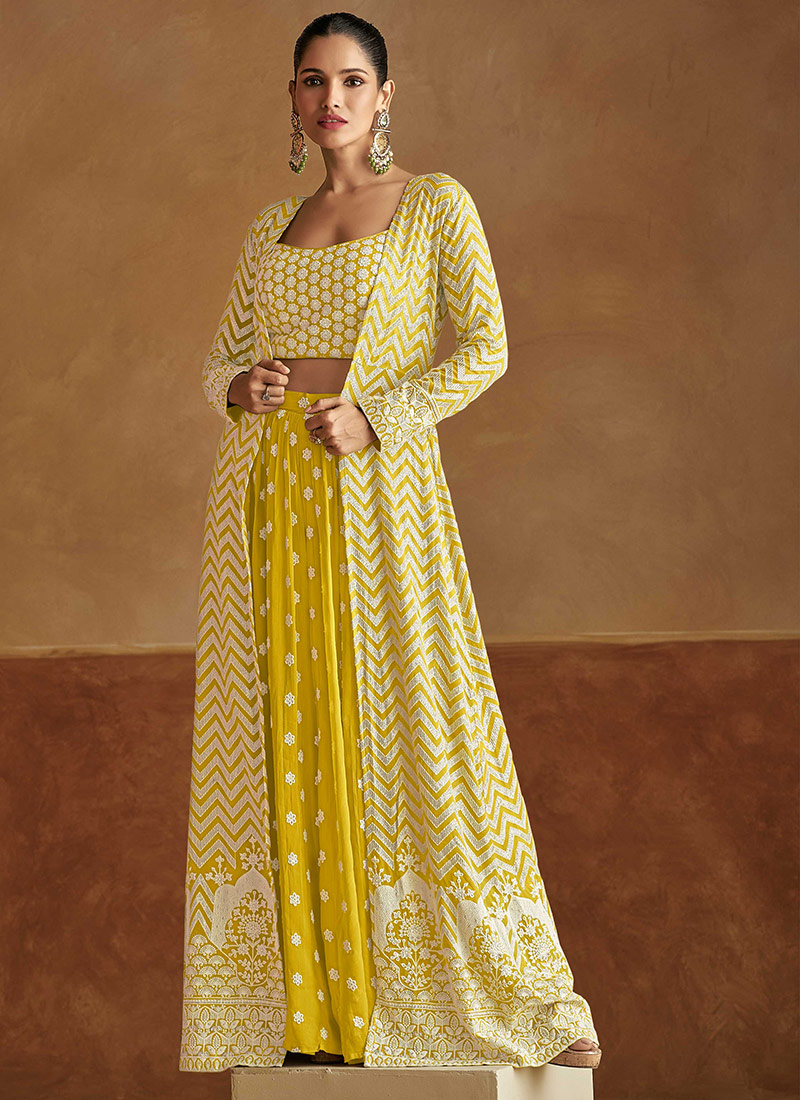 Buy Mustard Georgette Embroidered Sequins Stunning Indowestern Jacket ...