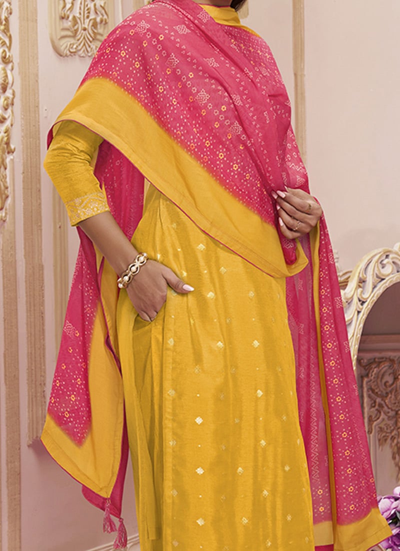 Buy Mustard Jacquard Dola Silk Pakistani Style Kurta Straight Pant Suit ...