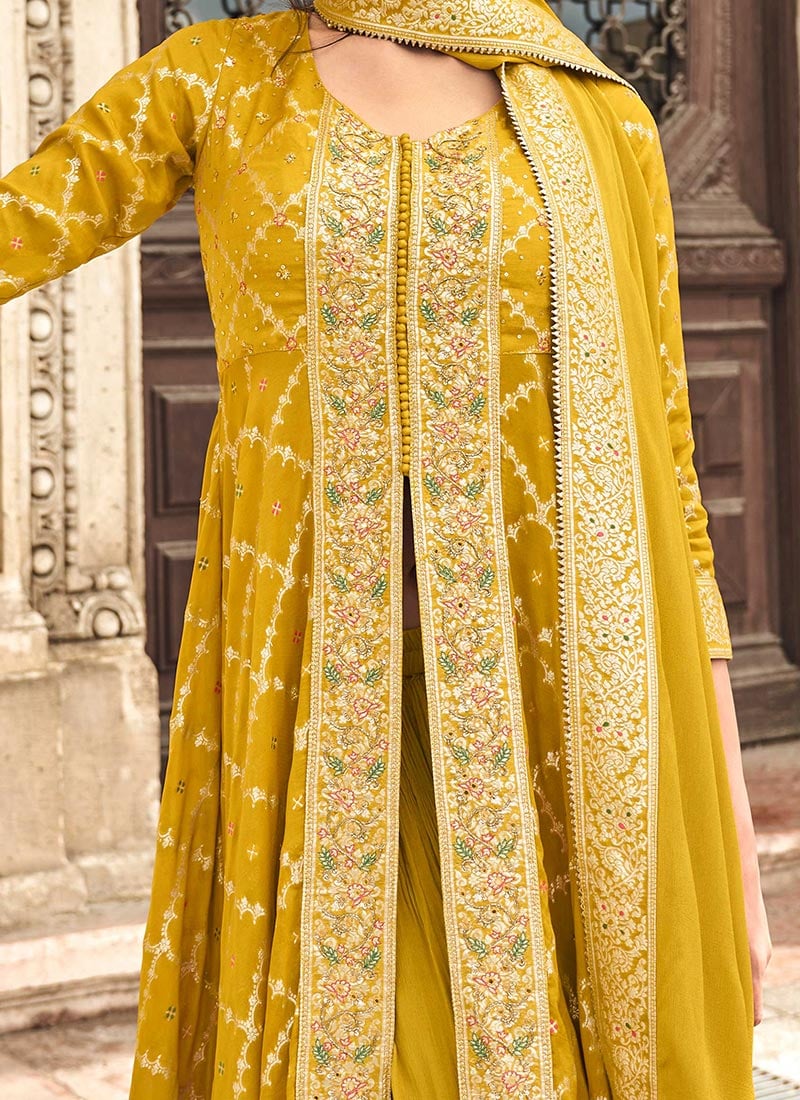 Buy Mustard Jacquard Silk Hand Work Embroidered High Slit Palazzo Suit ...