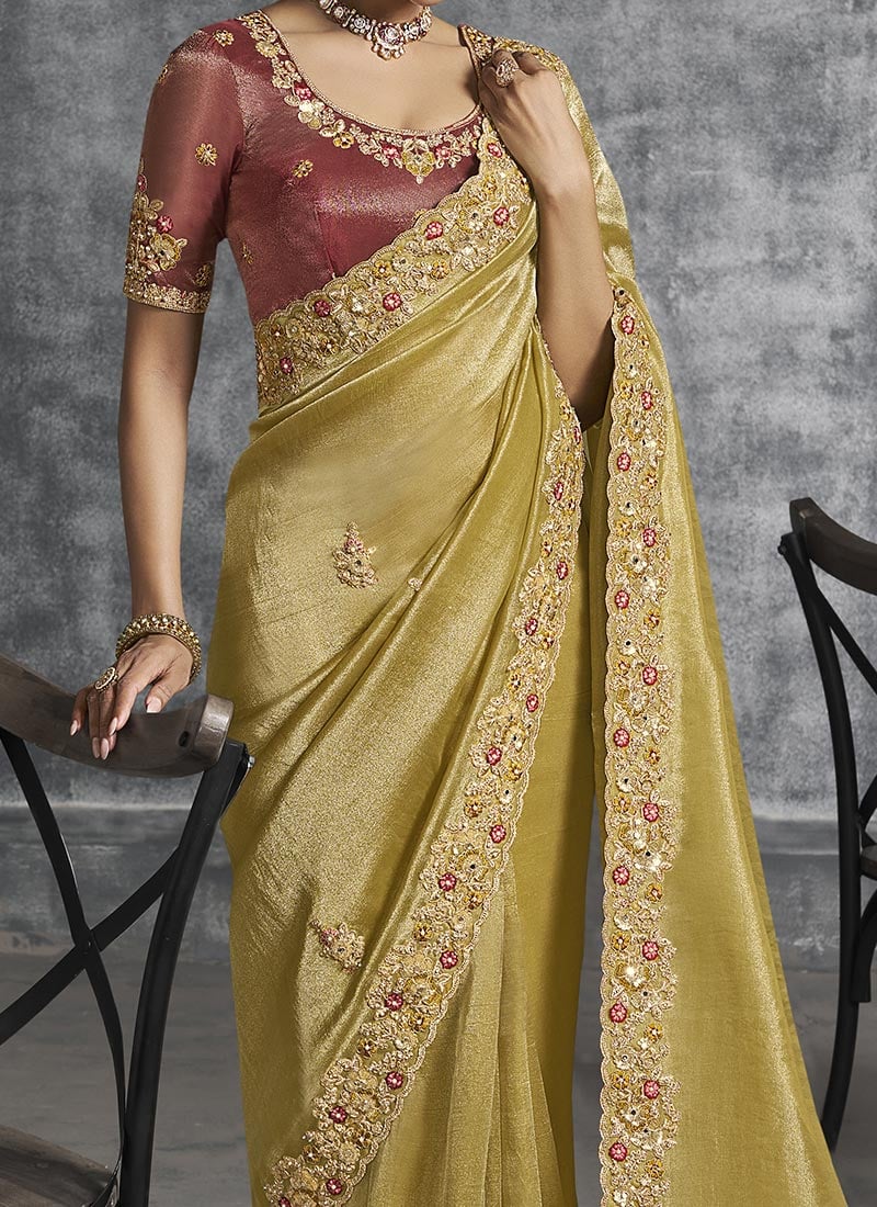 Shop Mustard Nylon Satin Silk Resham Sequins Embroidered Stones Beads ...
