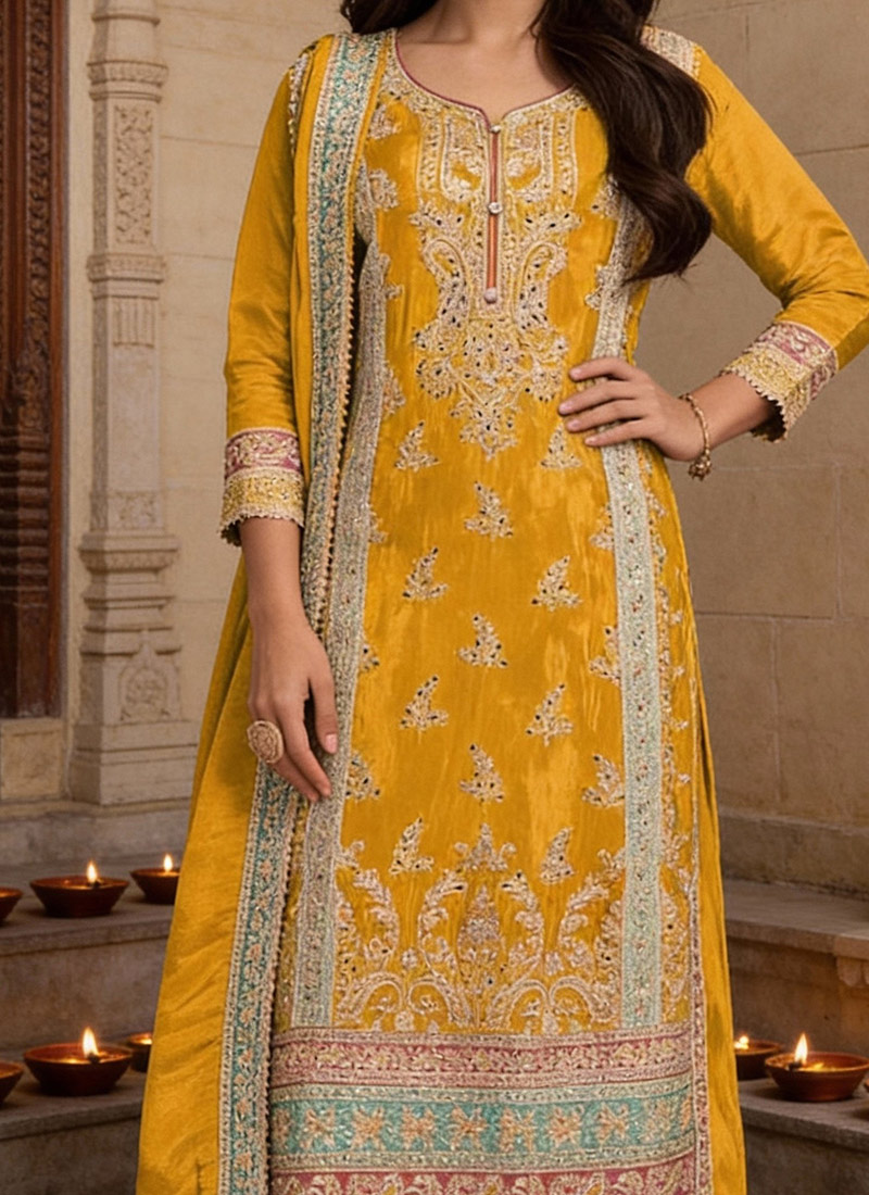 Buy Mustard Shimmar Silk Embroidered Mirror Work Sequins Pakistani ...