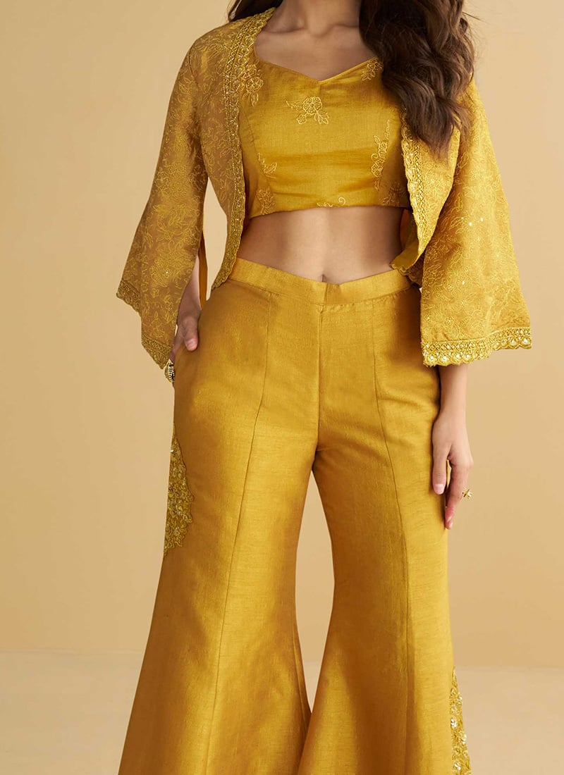 Shop Mustard Silk Sequins Embroidered And Beads Palazzo Set After Six ...