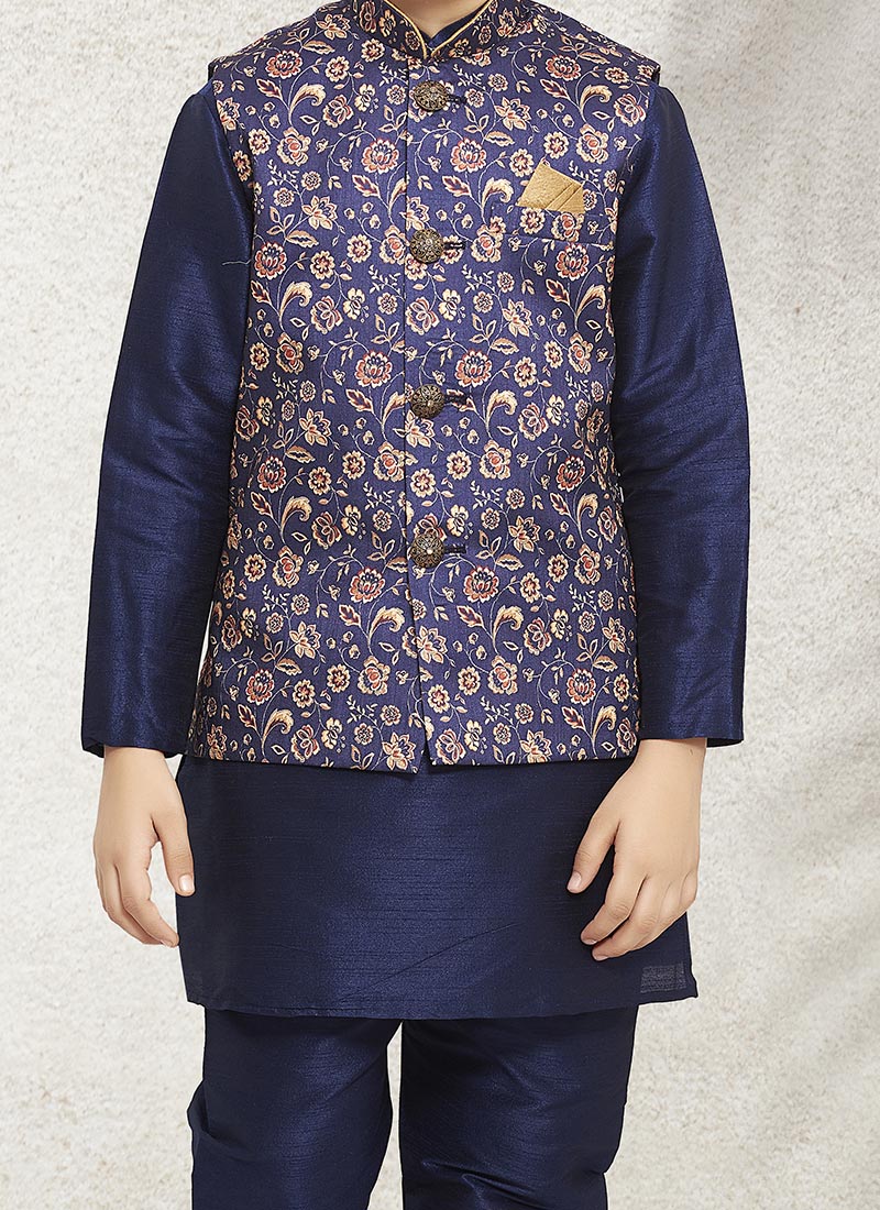 Shop Navy Blue Art Banarasi Silk Bandi Set Party Wear Online at Best Price | Cbazaar