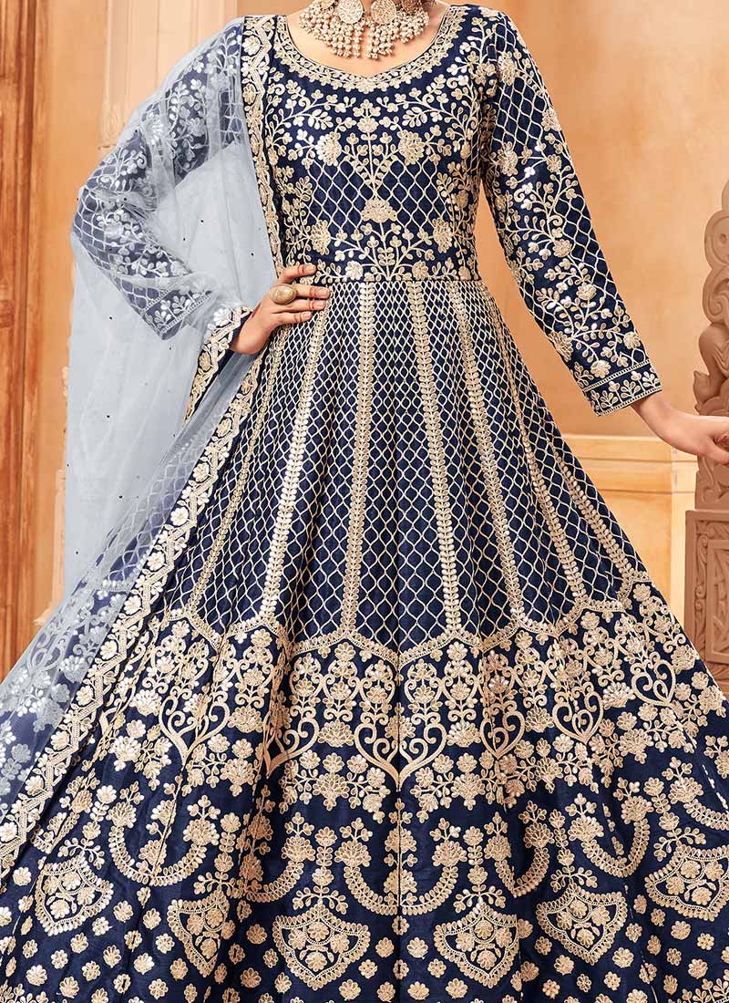Shop Navy Blue Art Silk Embroidered Gota Patti Anarkali Suit Party Wear ...