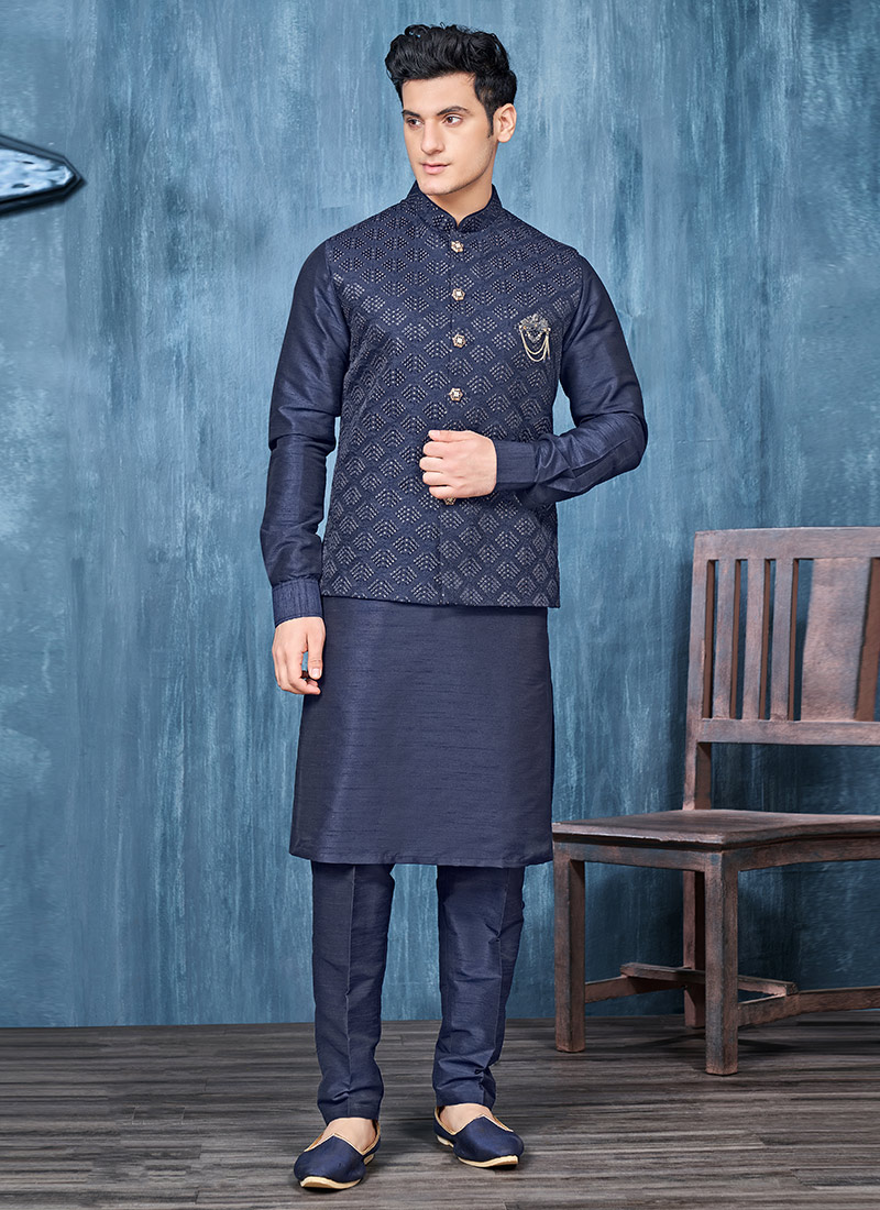 Shop Navy Blue Art Silk Embroidered Bandi Set Party Wear Online at Best Price | Cbazaar