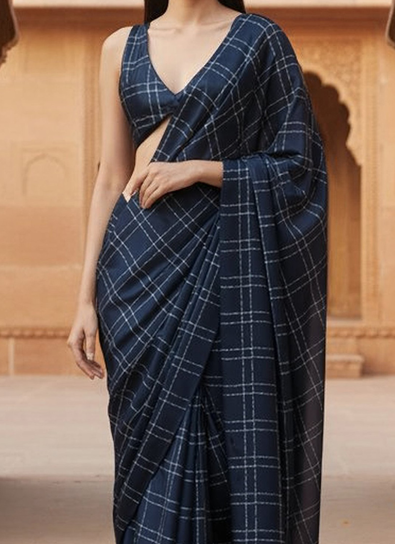 Shop Navy Blue Chinon Digital Print Pre Draped Saree After Six Wear ...