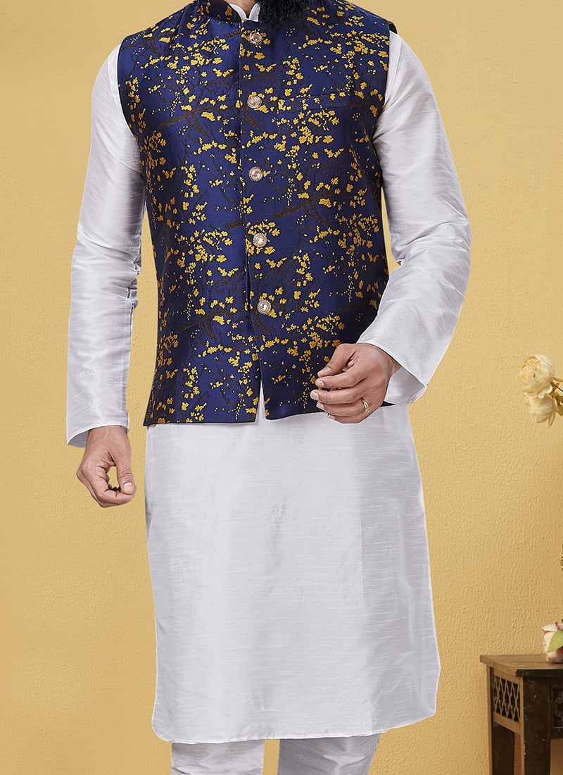 Shop Navy Blue Dupion Silk Jacquard Bandi Set Party Wear Online at Best ...