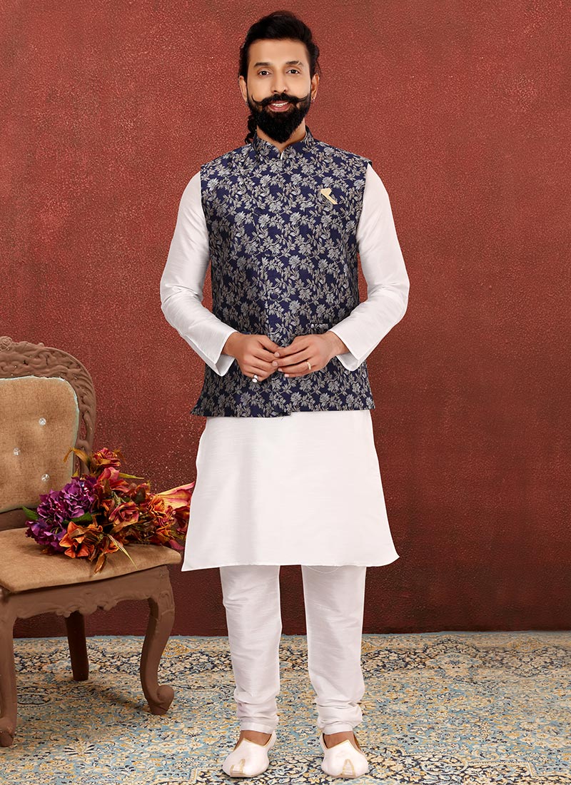 Shop Navy Blue Dupion Silk Jacquard Bandi Set Party Wear Online at Best ...